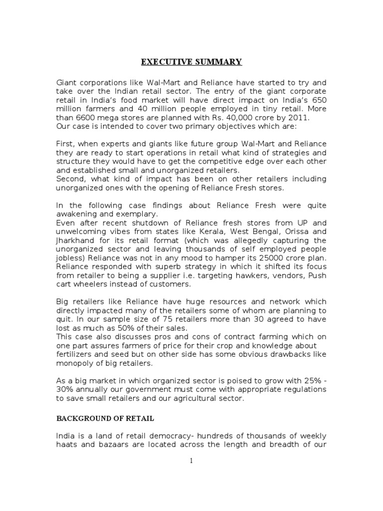 Executive Summary: Background of Retail | PDF | Retail | Agriculture