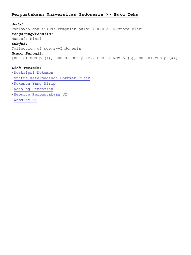 Perpustakaan Universitas Indonesia Buku Teks: Pahlawan Dan Tikus ...