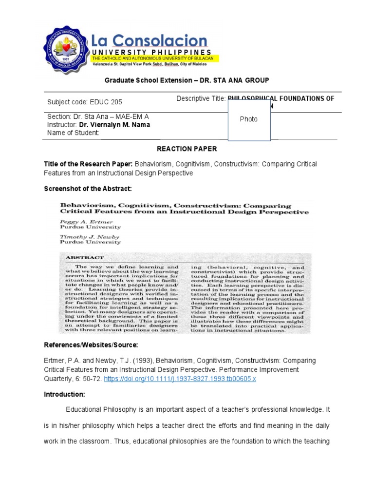 Research Reaction Paper Template | PDF | Constructivism (Philosophy Of ...