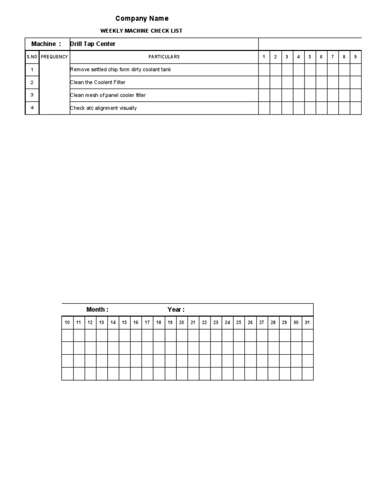 Weekly Machine Check List - Drill Tap | PDF