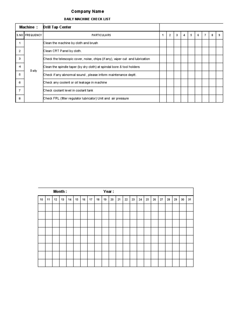 Daily Machine Checklist: Drill Tap Center Maintenance Log | PDF