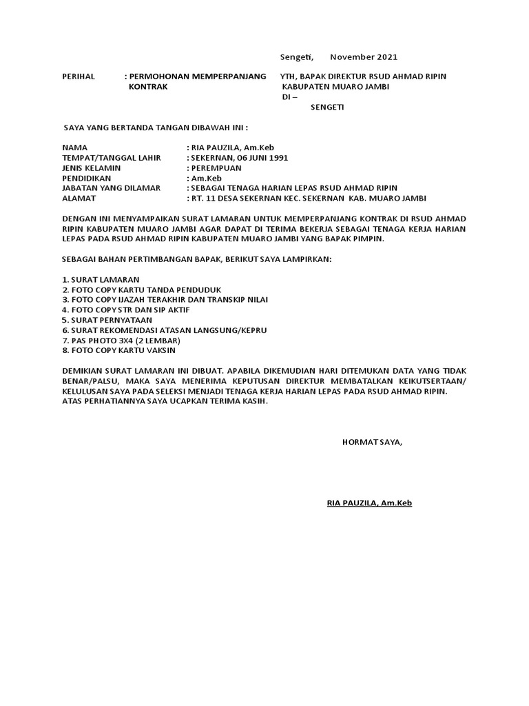 Surat Lamaran Ria Pauzila | PDF