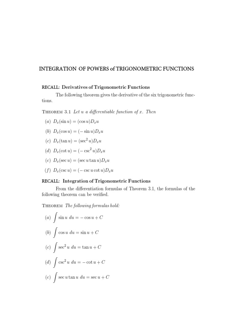 Integration of Powers of Trig Functions | PDF | Trigonometric Functions | Sine