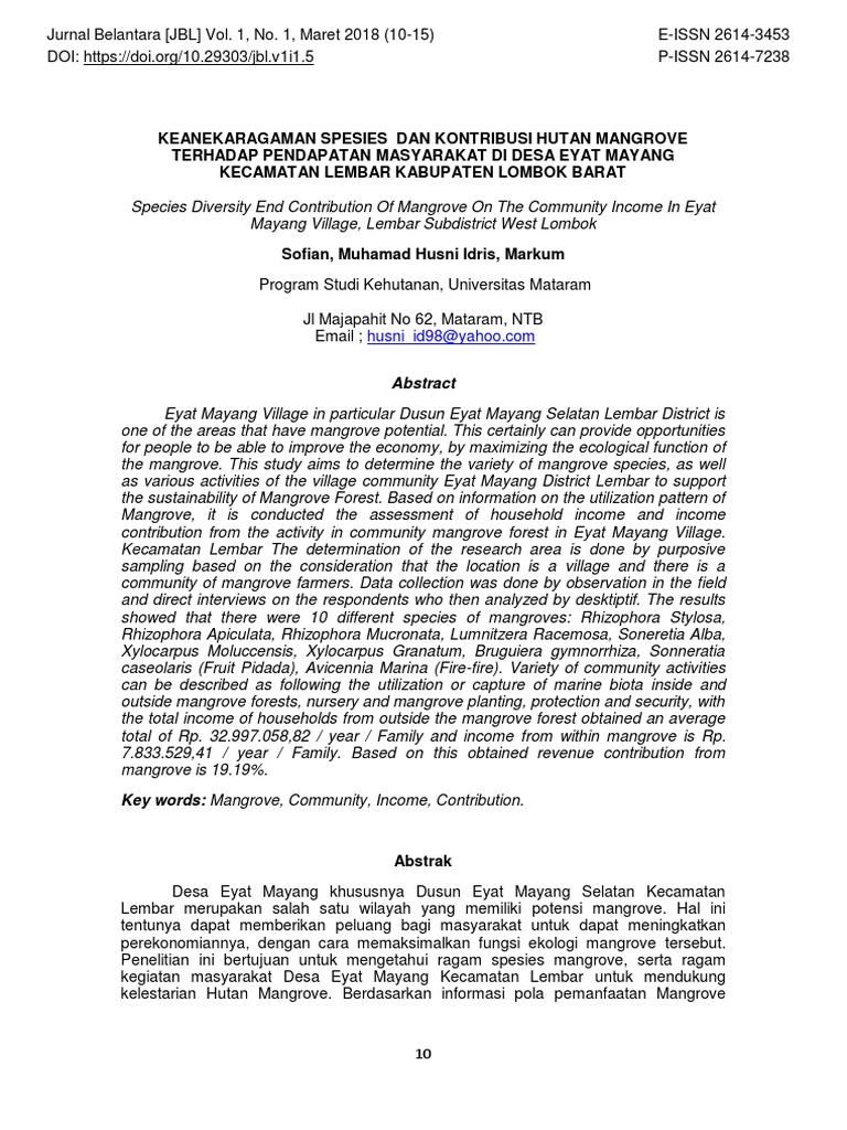 Keanekaragaman Spesies Dan Kontribusi Hutan Mangrove Terhadap Pendapatan Masyarakat Di Desa Eyat ...