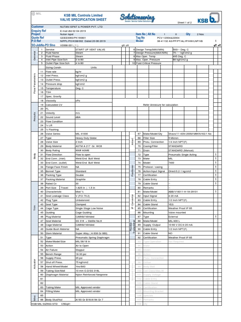 KSB MIL Control Valves Specification V0998-SPEC | PDF | Valve | Pipe (Fluid Conveyance)