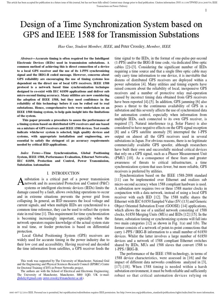 Ieee Design Of A Time Synchronization System Based On Gps And Ieee 1588 For Transmission
