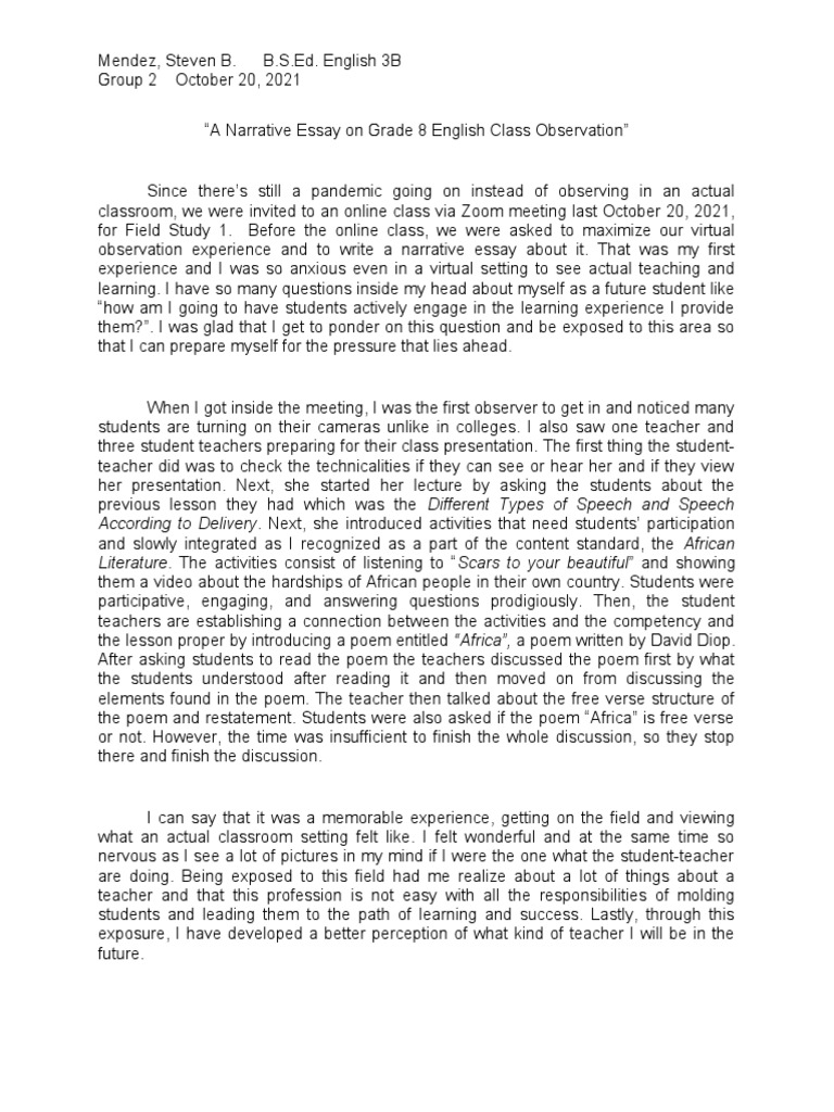 A Narrative Essay On Grade 8 English Class Observation | PDF | Teachers ...