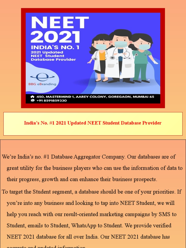 India's No. #1 2021 Updated NEET Student Database Provider | PDF