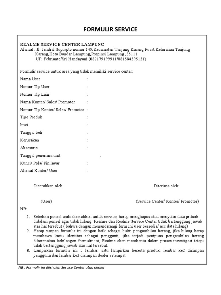 Formulir Service Realme Lampung | PDF