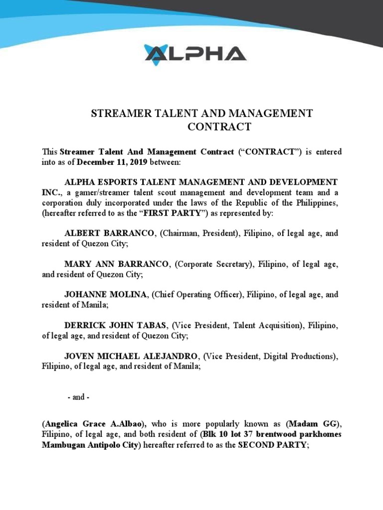 Streamer Talent and Management Contract | PDF | Confidentiality | Damages