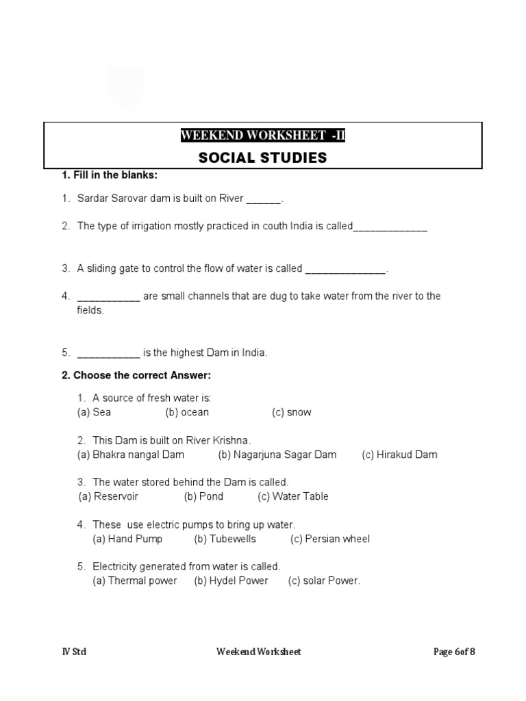 CBSE Class 4 Social Studies Worksheet - Irrigation | PDF