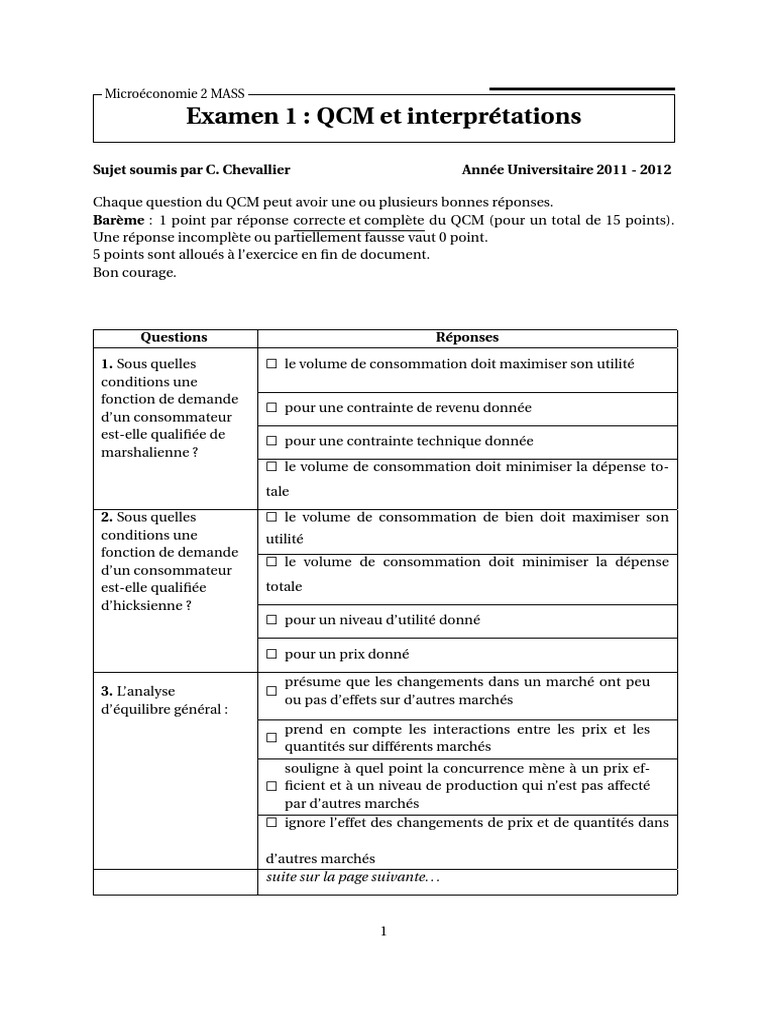 Examen QCM Corrige | PDF | Optimum de Pareto | Prix