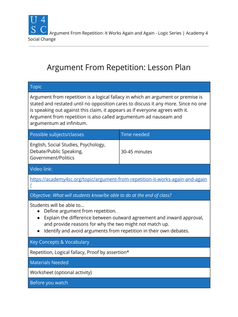 Argument From Repetition: Lesson Plan: Topic | PDF | Argument | Fallacy