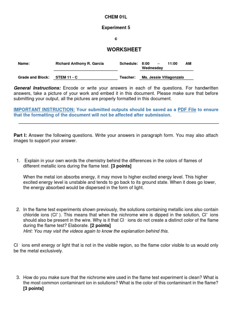 STEM 11 C - Experiment 5 - Worksheet - Qualitative Analysis of Metallic ...