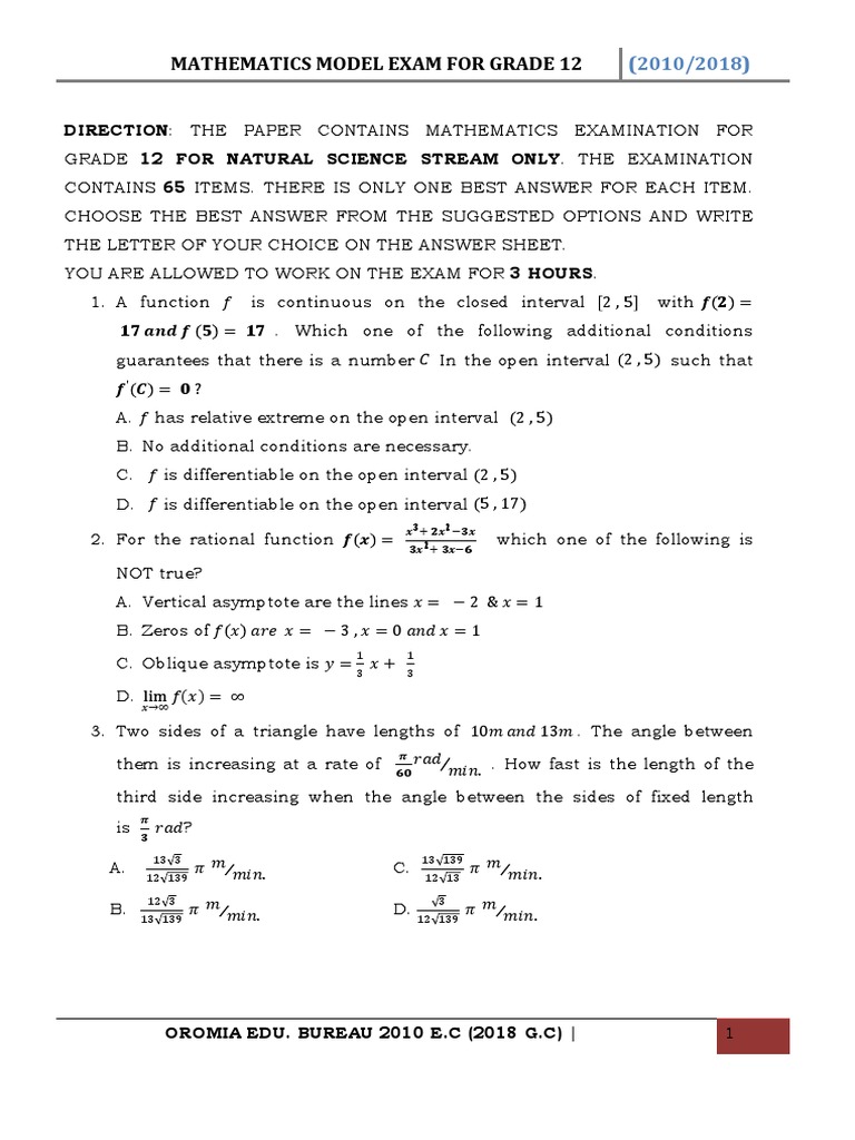 Mathematics Model Exam For Grade 12 | PDF | Derivative | Function ...
