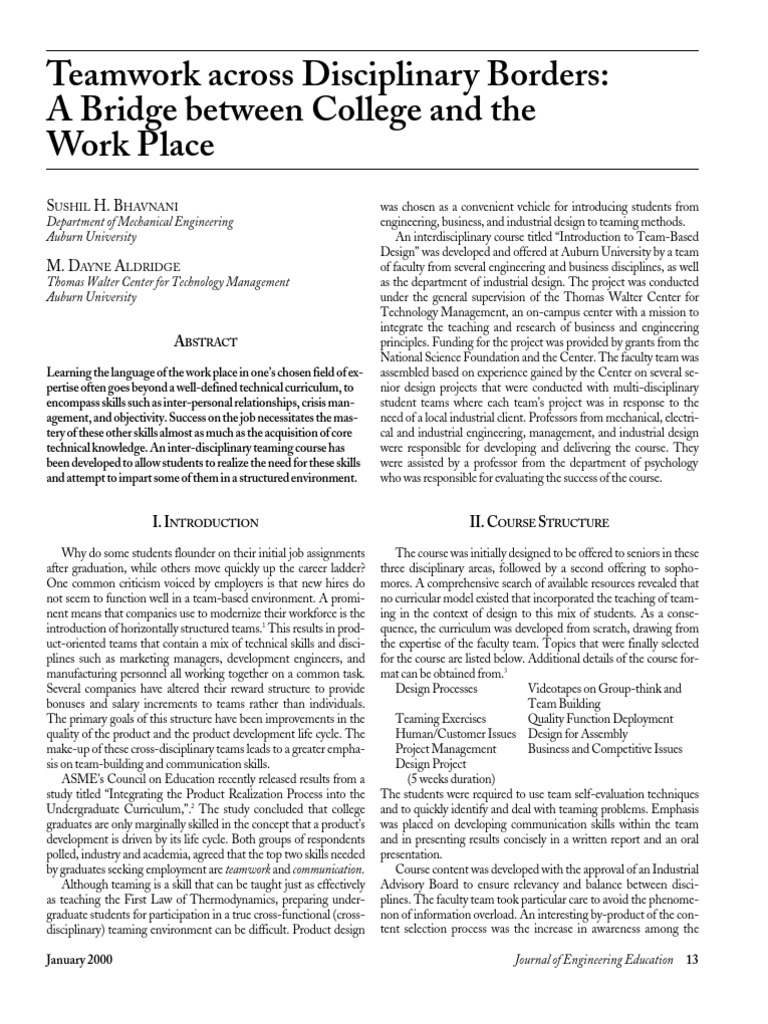 Teamwork Across Disciplinary Borders: A Bridge Between College and The ...
