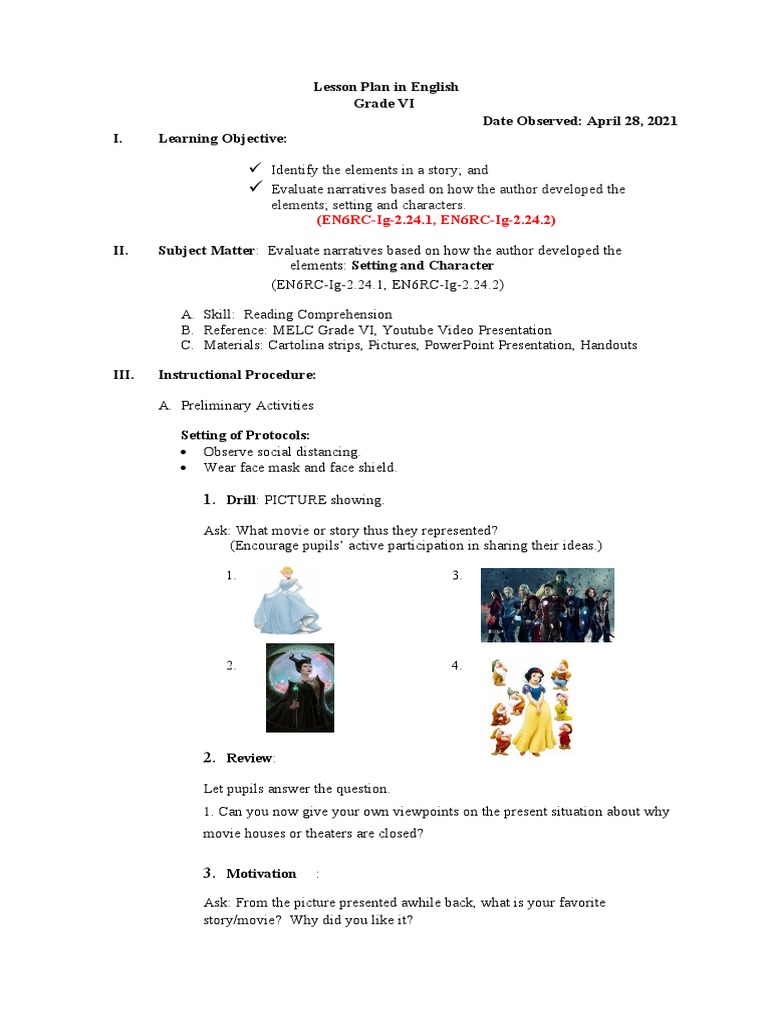 Grade VI English Lesson Plan: Story Elements | PDF | Narrative | Lesson ...