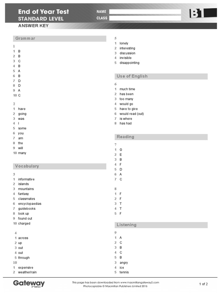 B1 End of Year Test Answer Key Standard | PDF | English Language ...