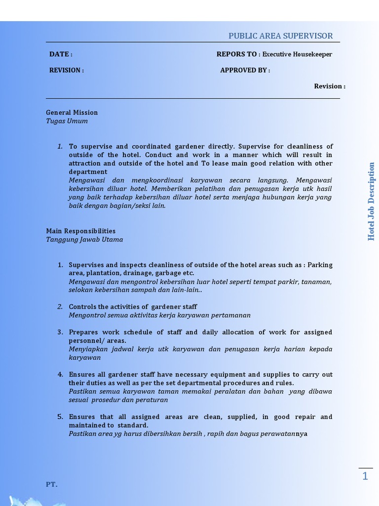 Public Area Supervisor Responsibilities | PDF | Career & Growth | Business