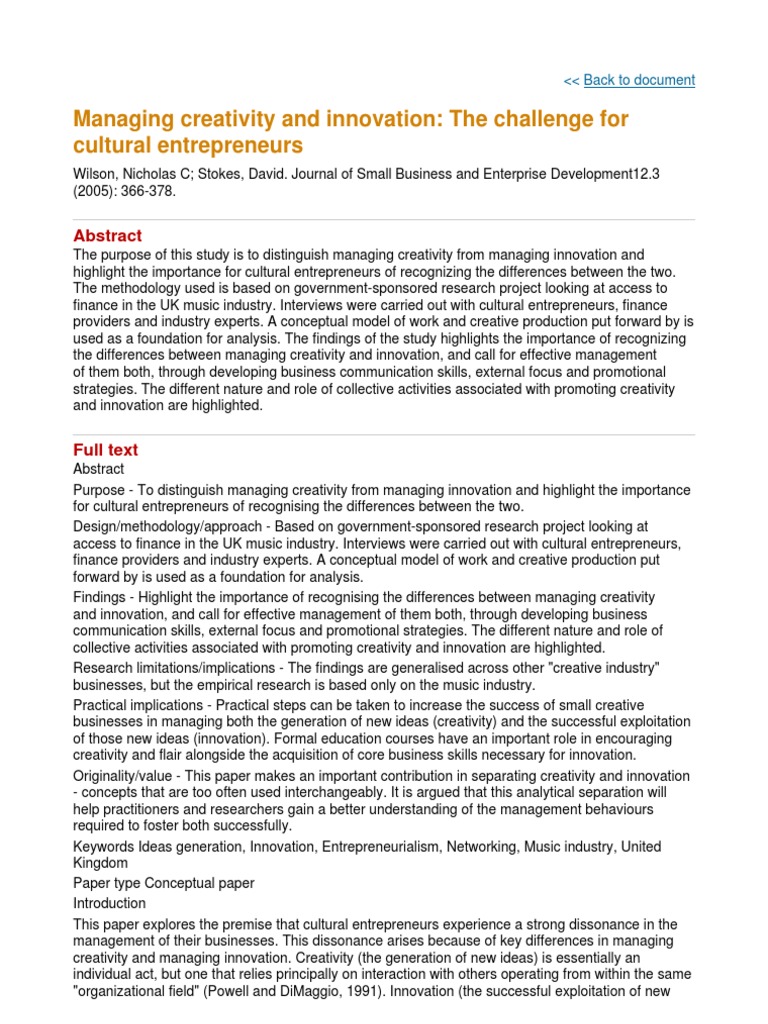 Managing Creativity and Innovation - The Challenge For Cultural ...