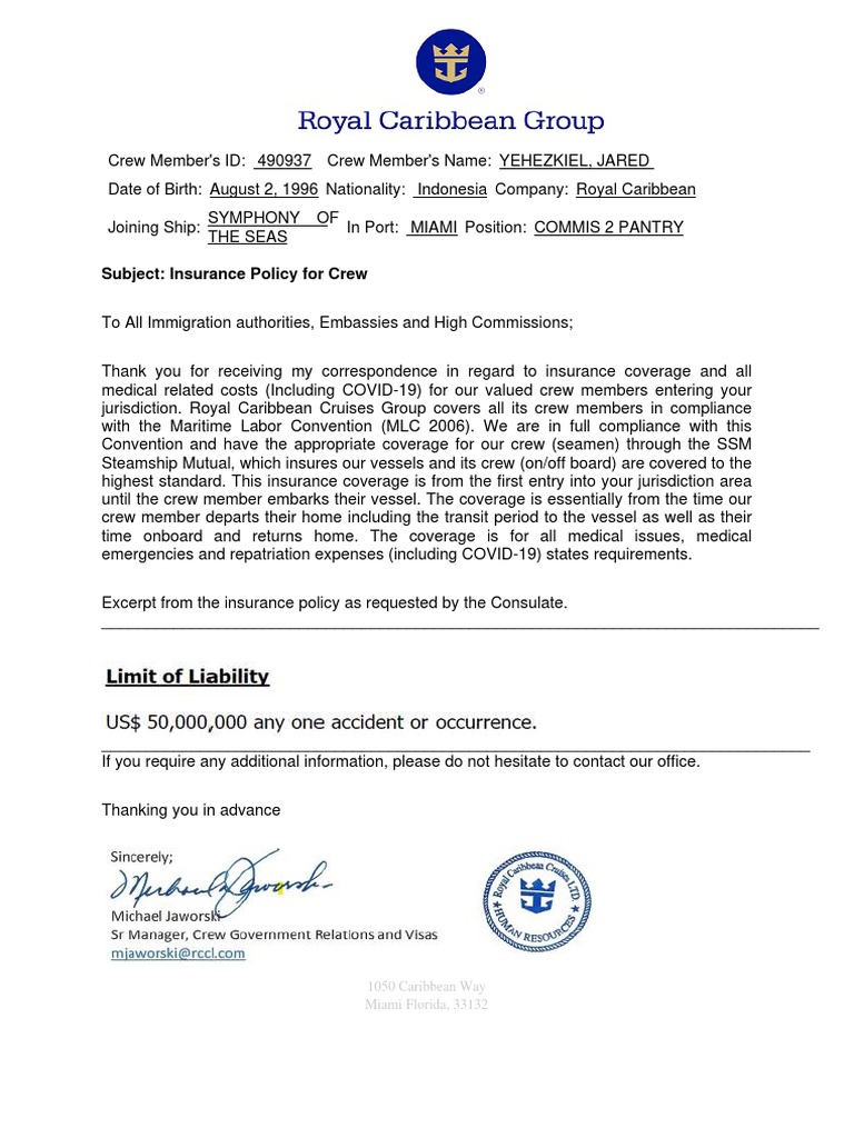 Crew Insurance Policy for Royal Caribbean | PDF | Business | Finance ...