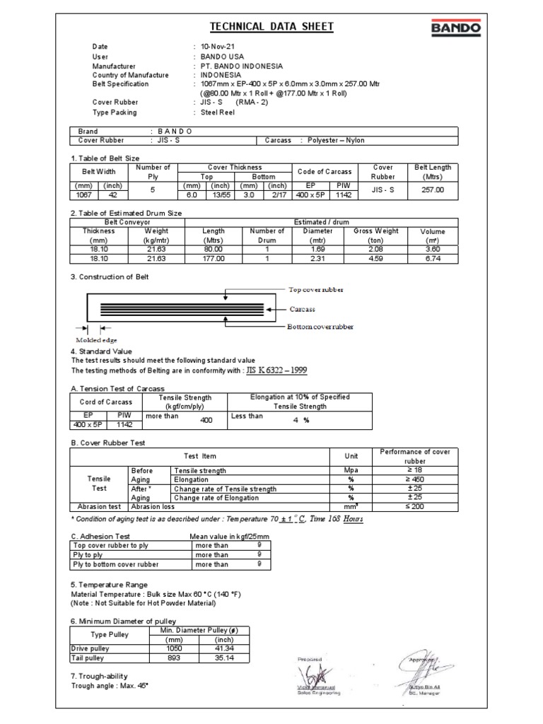 Technical Data Sheet: 1. Table of Belt Size | PDF | Belt (Mechanical) | Materials