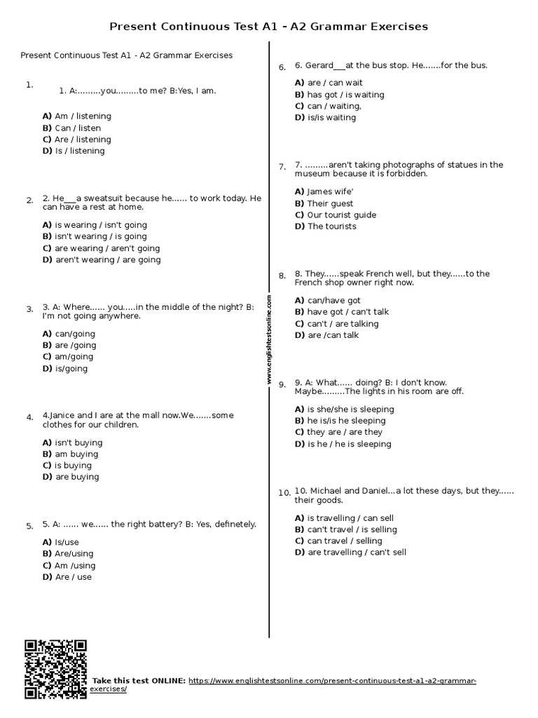 Present Continuous A1-A2 Exercises | PDF | Language Arts & Discipline | Art