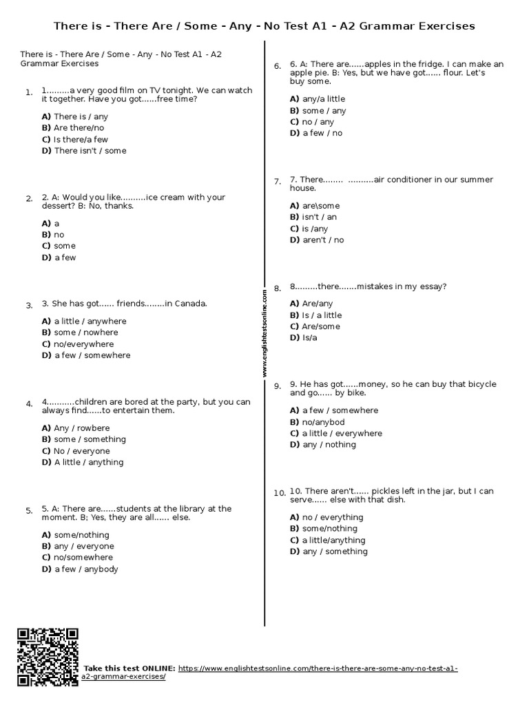 451 - There Is There Are Some Any No Test A1 A2 Grammar Exercises | PDF ...