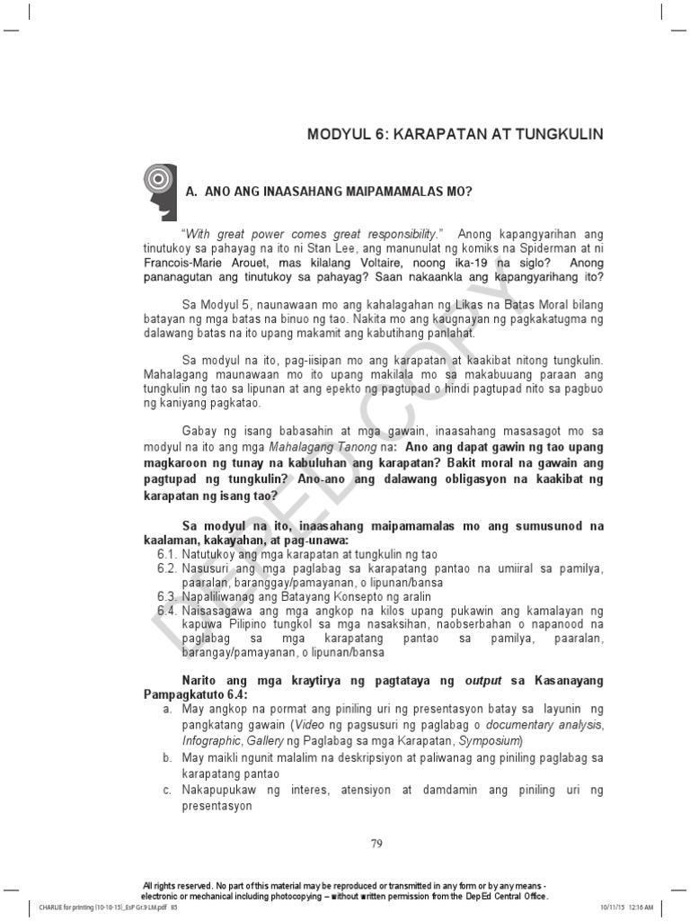 ESP 9 Karapatan at Tungkulin | PDF
