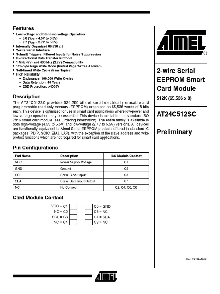 2-Wire Serial EEPROM Smart Card Module: Features | PDF | Microcontroller | Bit