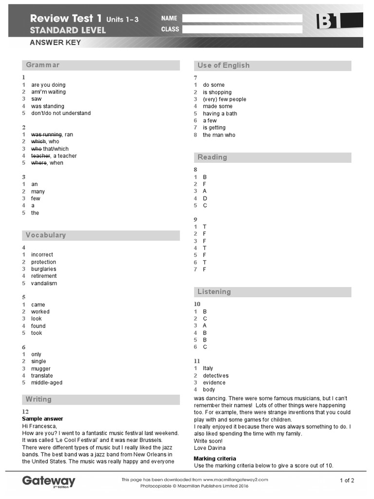 B1 Review Test 1 Answer Key Standard | PDF