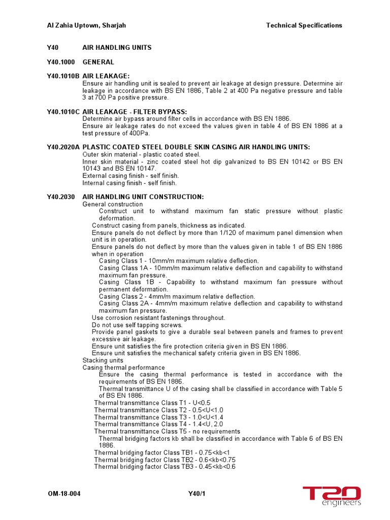 AHU Specifications for Al Zahia Project | PDF
