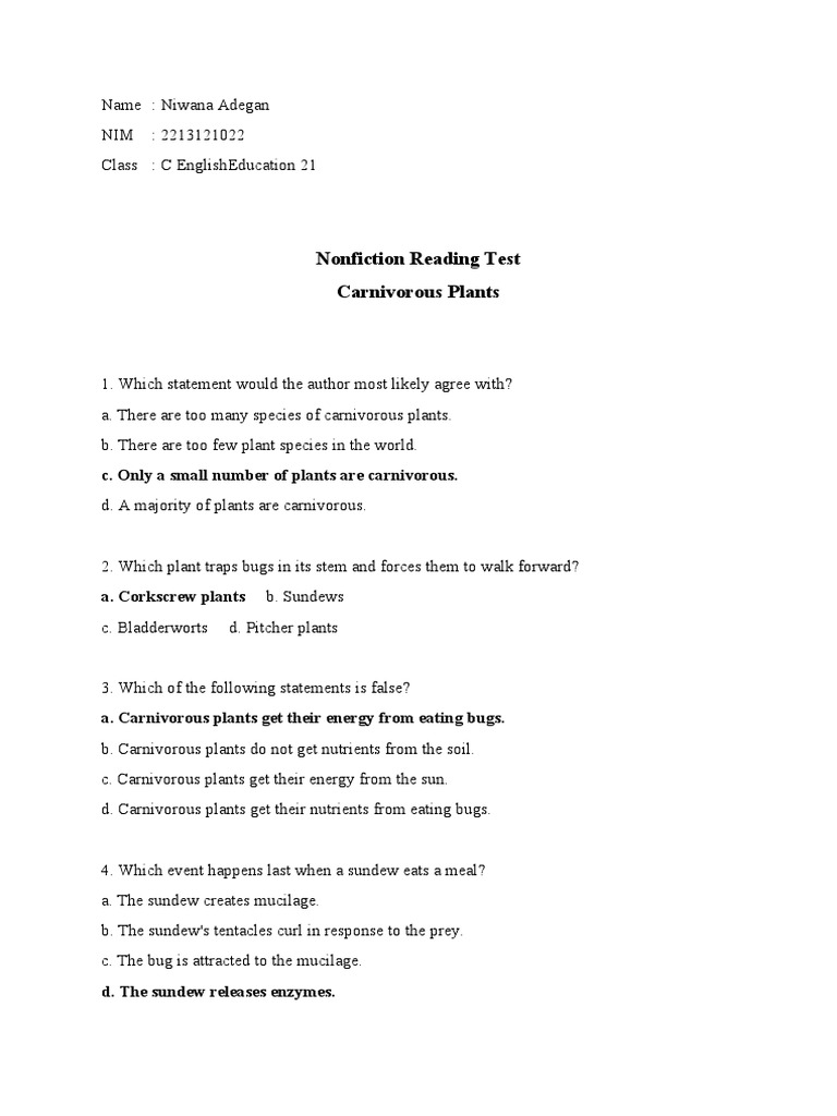 Nonfiction Reading Test Carnivorous Plants: C. Only A Small Number of ...
