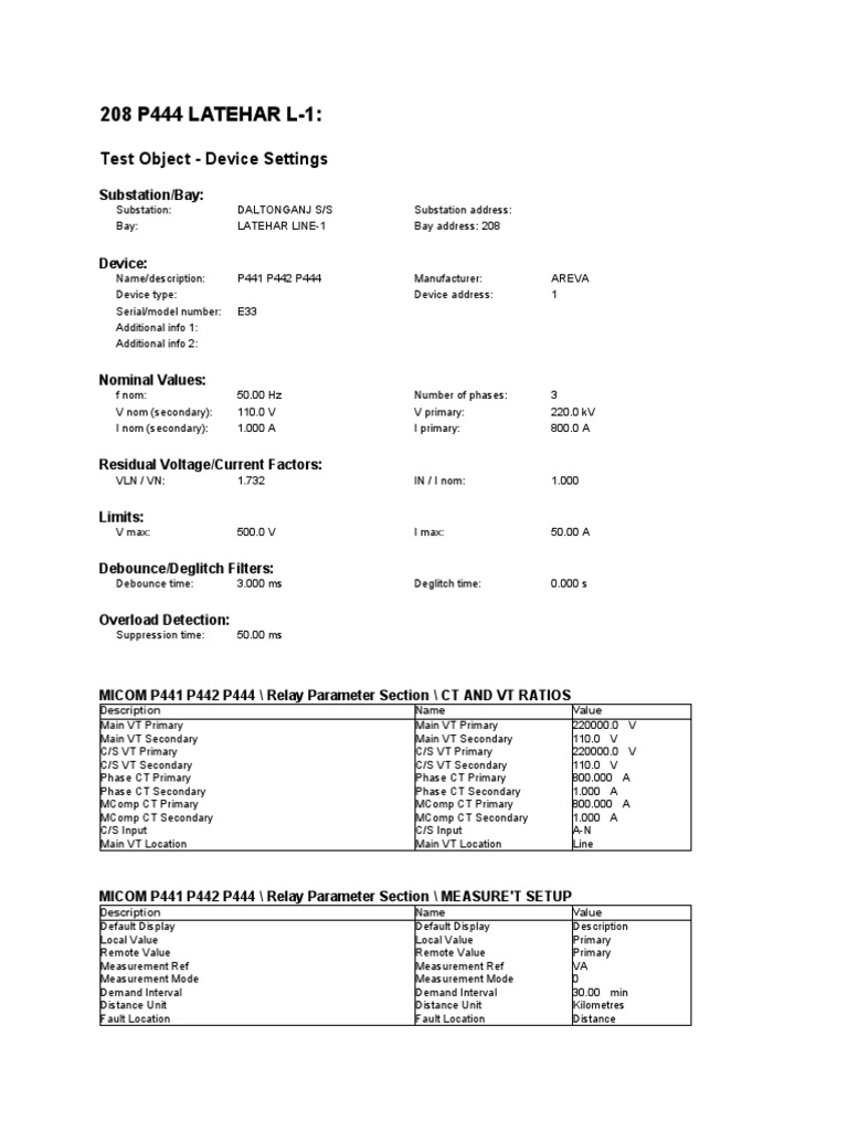 208 P444 LATEHAR L-1:: Test Object - Device Settings | PDF | Electrical ...