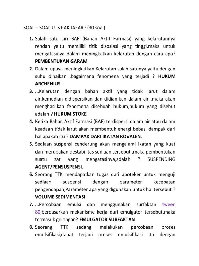 Soal UTS Pak Jafar (Fisika Farmasi) | PDF