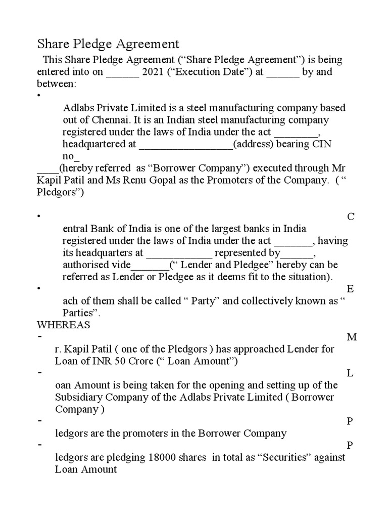 Share Pledge Agreement | PDF | Loans | Securities (Finance)