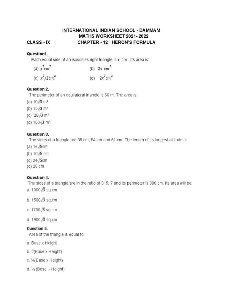 Work Sheet Class 9 - Chapter12 - Heron's Formula | PDF | Triangle | Area