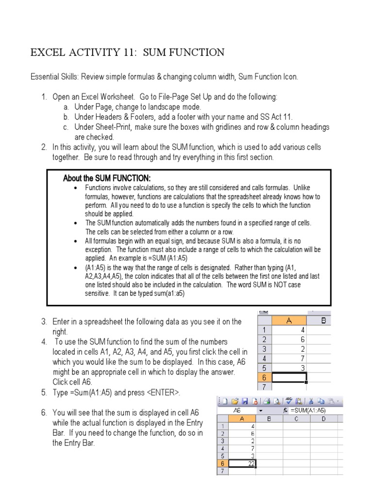 Excel Activity 11: Sum Function | PDF | Spreadsheet | Formula
