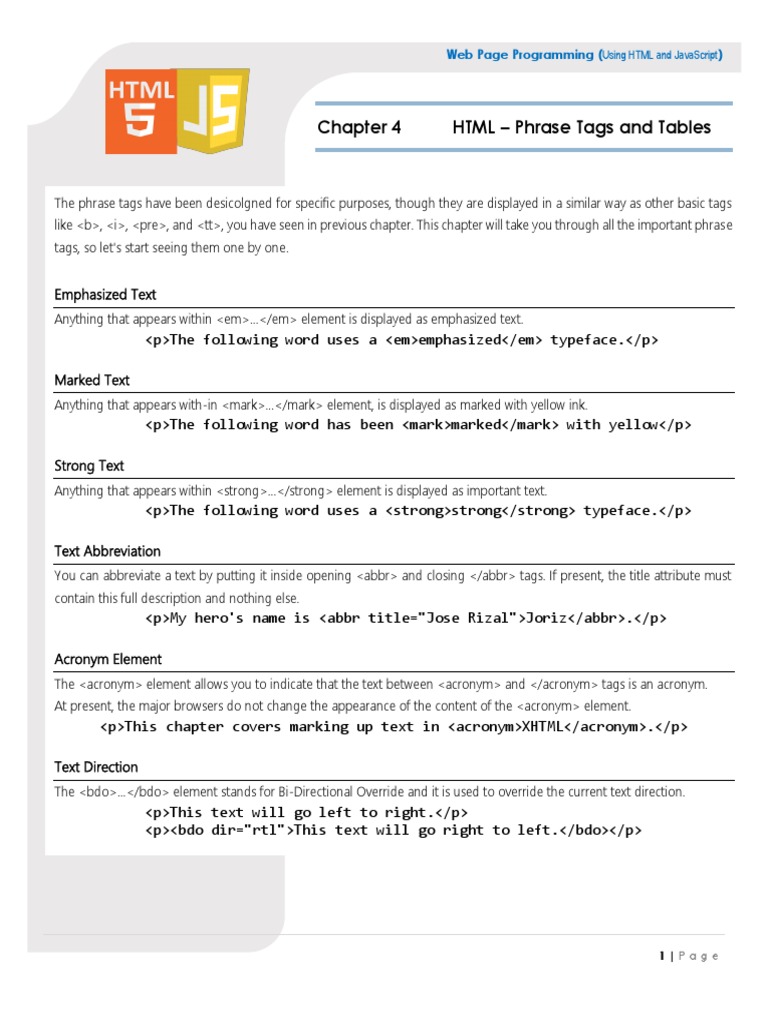 CHAPTER 4 - HTML Phrase Tags and Tables | PDF | Html Element | Html