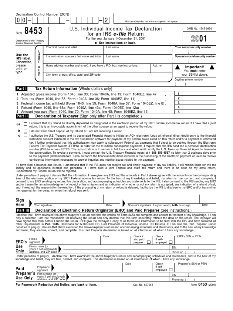 US Internal Revenue Service: f8453 - 2001 | PDF | Tax Refund | Irs Tax ...
