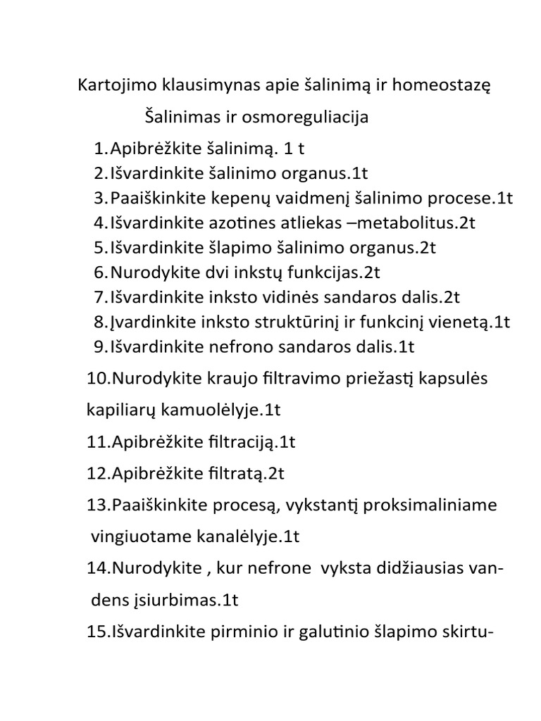 Kartojimo Klausimynas Apie Šalinimą Ir Homeostazę1kl | PDF