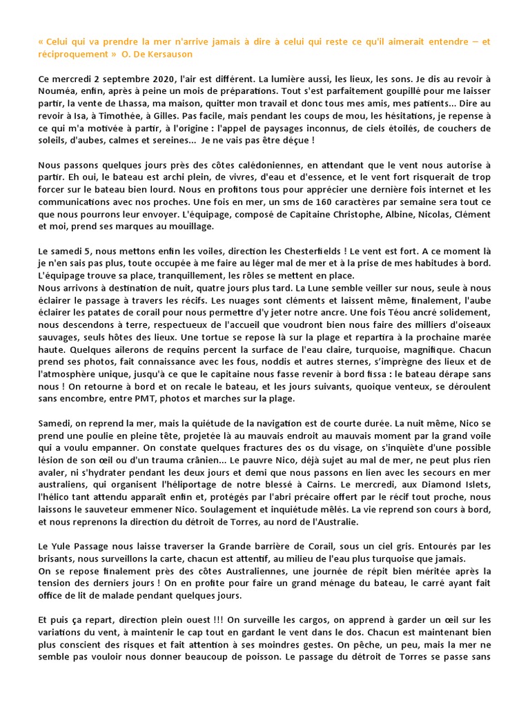 Récit Noumea Reunion Mathilde | PDF