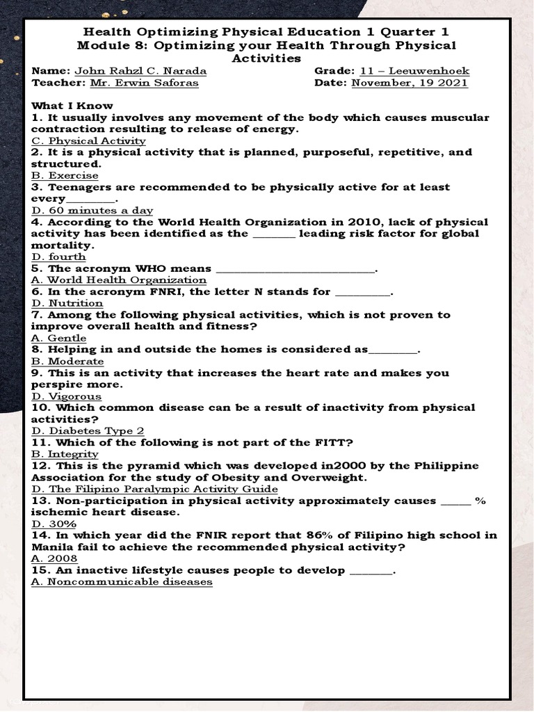 Health Optimizing Physical Education 1 Quarter 1 Module 8: Optimizing Your Health Through ...