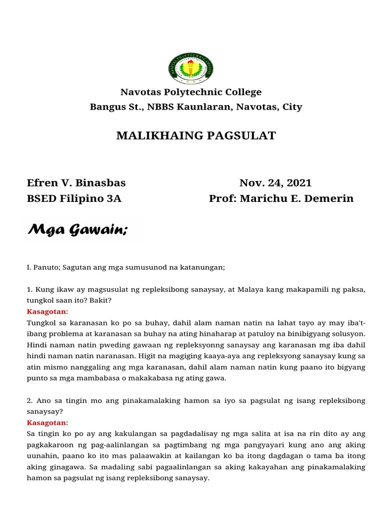 Modyul 4 (B) - Malikhaing Pagsulat - Gawain. Efren Binasbas | PDF