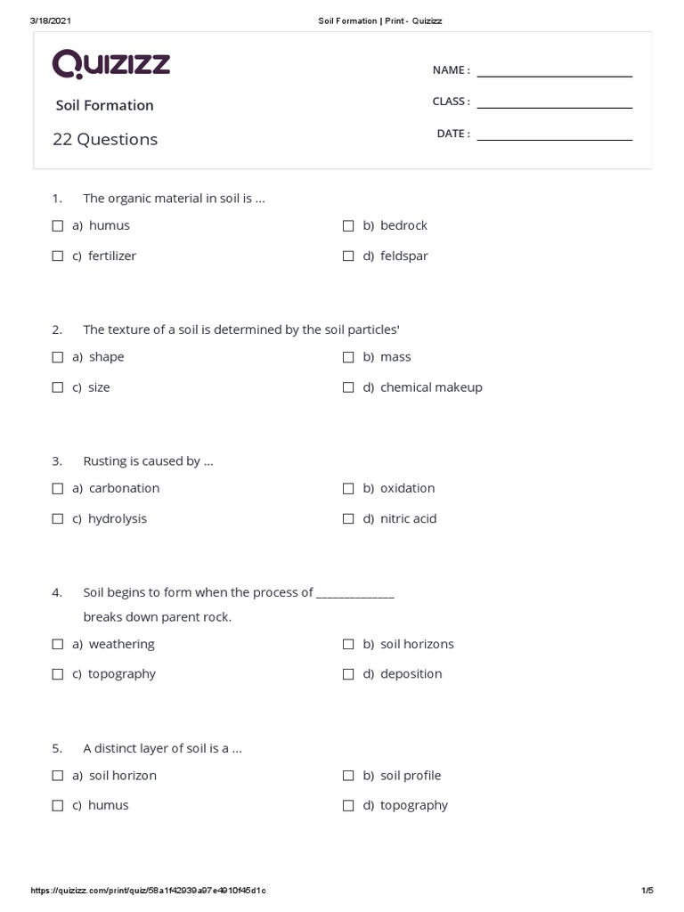Soil Formation - Print - Quizizz 1 | PDF | Soil | Erosion