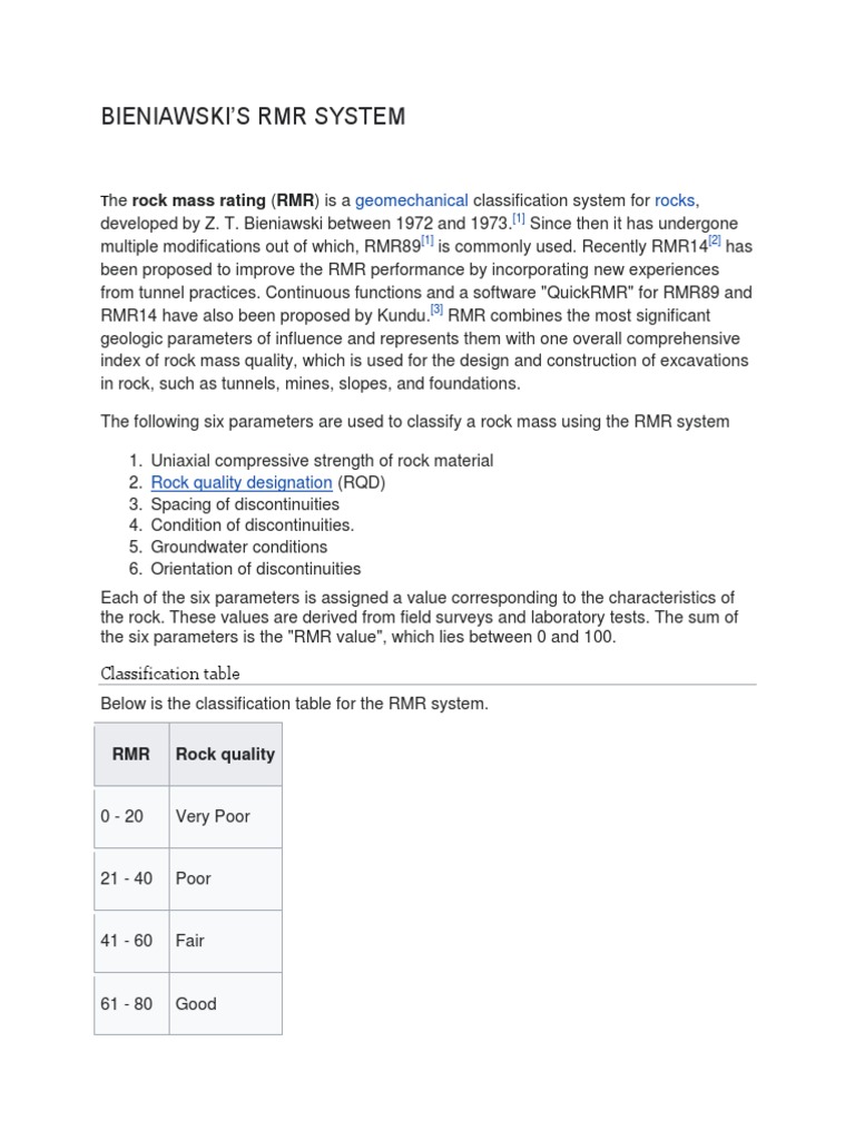 Bieniawski'S RMR System: Geomechanical Rocks | PDF | Materials | Applied And Interdisciplinary ...