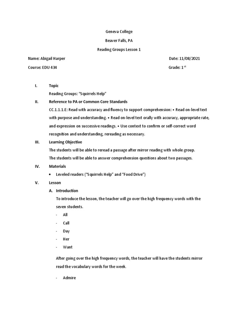 Reading Lesson 1 | PDF | Reading Comprehension | Cognition