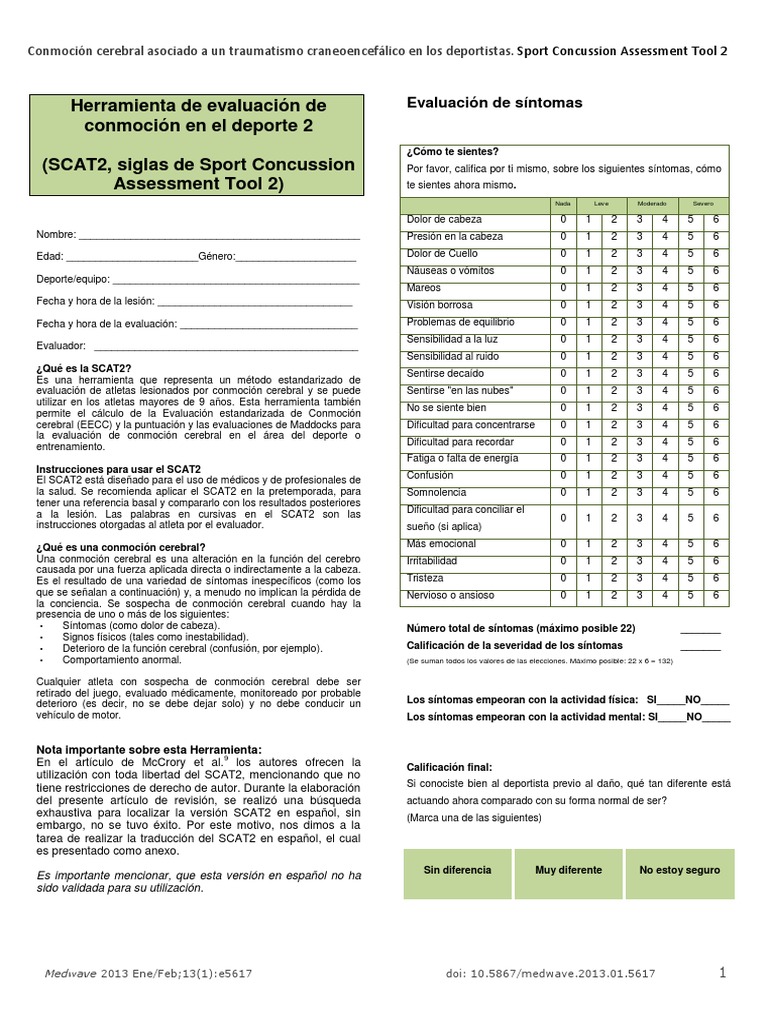 SCAT2, Siglas de Sport Concussion | PDF | Lesión cerebral traumática ...