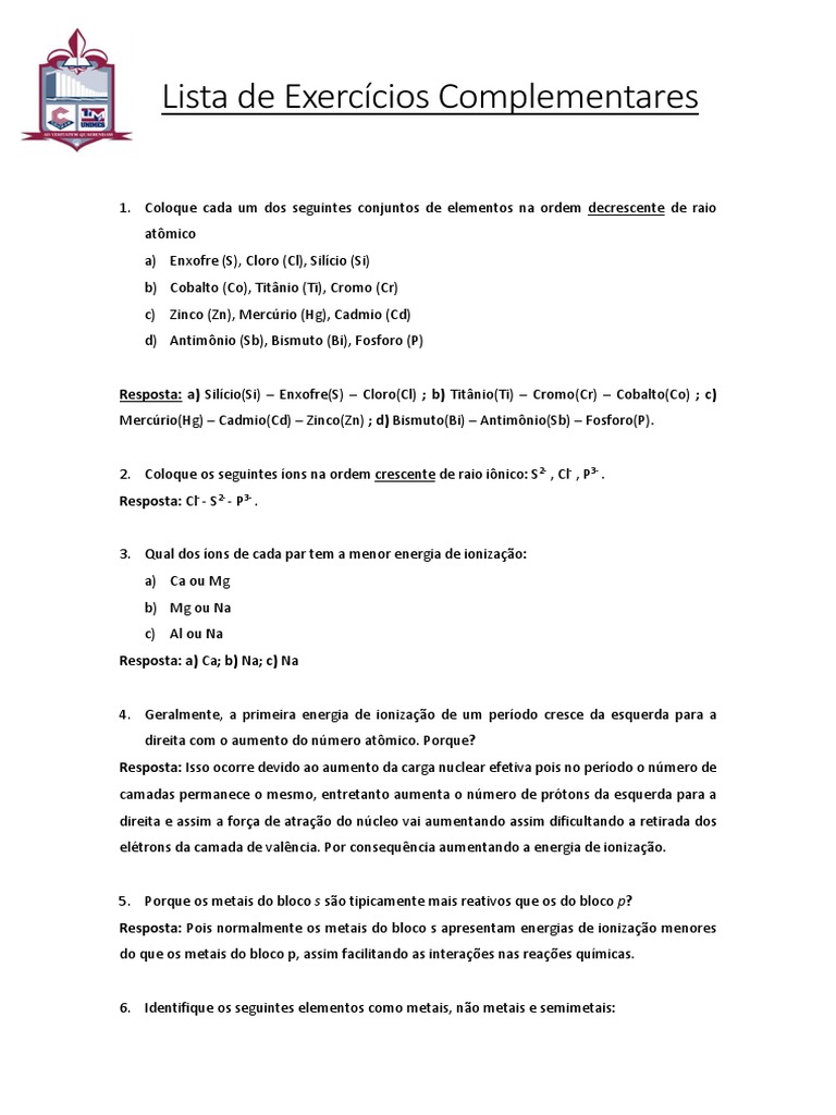 GABARITO Lista de Exercícios Complementares | PDF | Polaridade química | Cloro