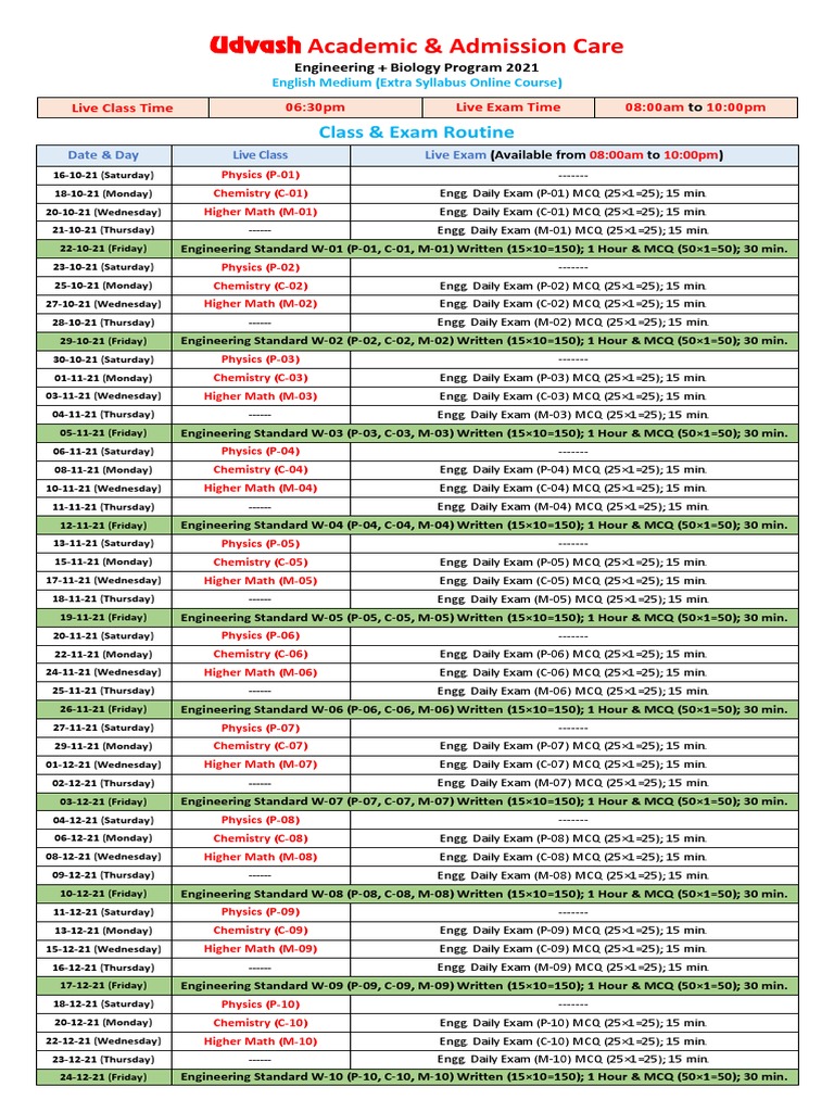 Engineering Class & Exam Routine (English Medium) | PDF | Chemical ...